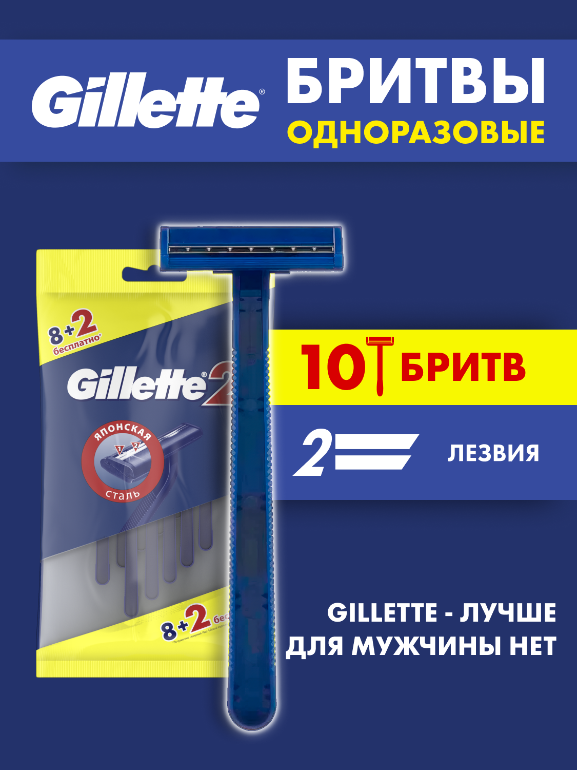 Одноразовые мужские бритвы Gillette 2, синие, 2 лезвия, 10 штук