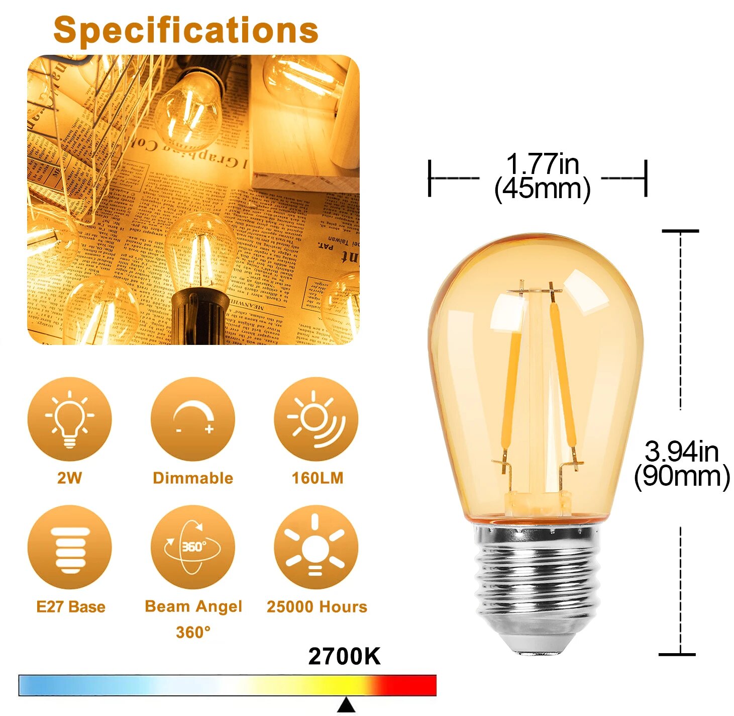 Grensk Светодиодные лампы S14 теплый белый 2Вт 1Вт 2W, 25pcs, 220V