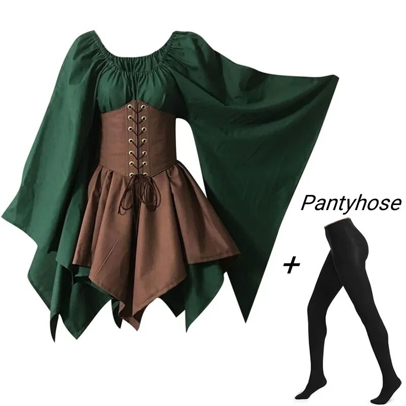 Женское средневековое платье из полиэстера Renaissance Темно-зеленый, XXL, Green dress and sock