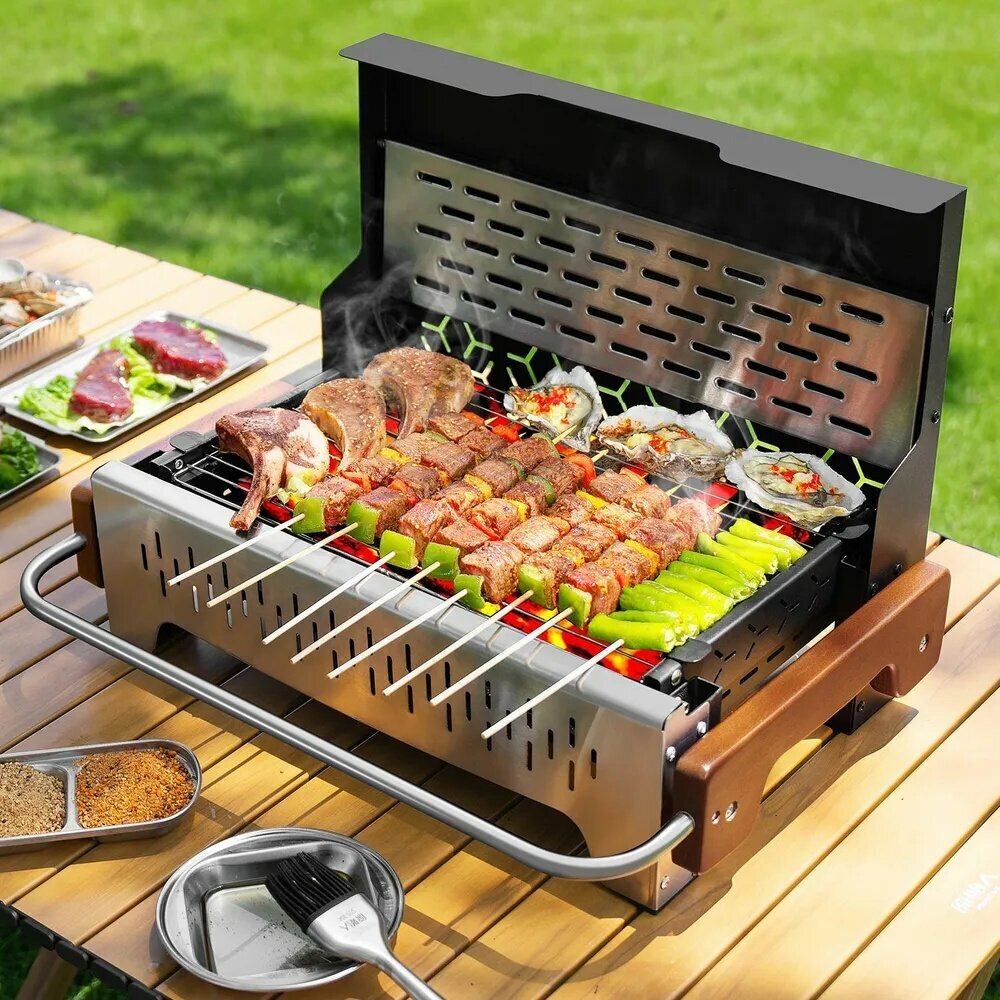 Складной мангал 2-в-1 с ветрозащитой, утолщенной сеткой 304 и возможностью установки на стол