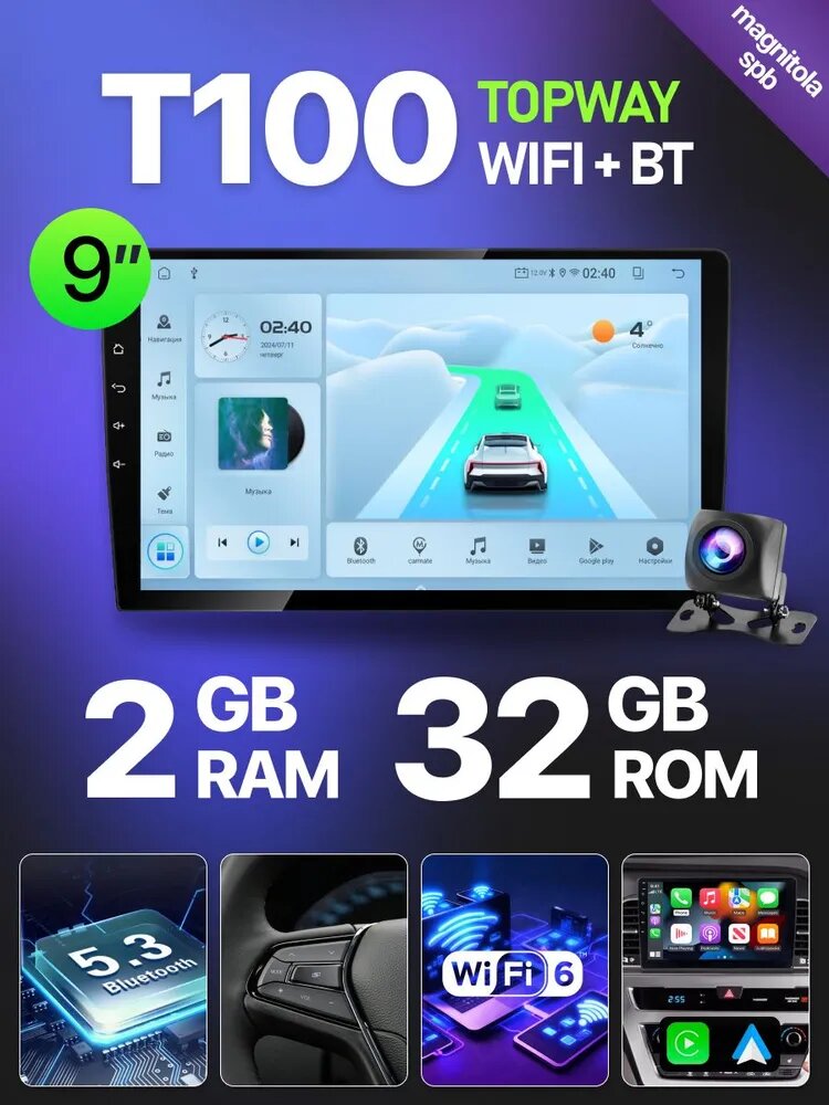 Podofo Устройство головное, диагональ: 9", Штатное место, 2ГБ/32ГБ