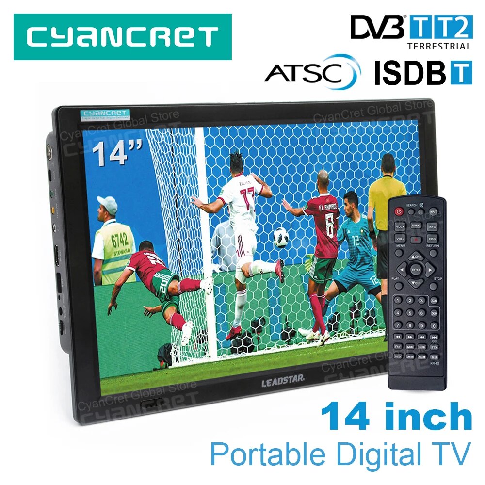 Портативный телевизор LEADSTAR 14 дюймов HD с поддержкой DVB-T2, ATSC, ISDB-T, TDT, DTT, цифрового и аналогового телевидения, мини-телевизор для автомобиля, поддержка MP4, AC3, SD-карты