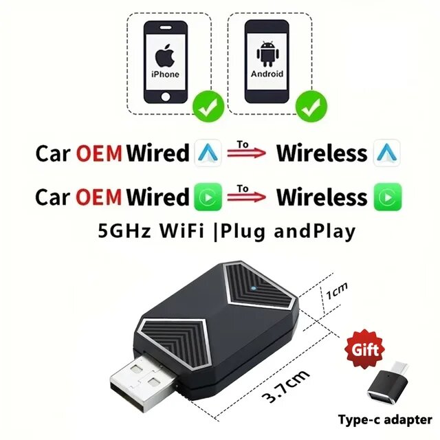 Проводной адаптер CarAiBOX RGB Mini для подключения к беспроводным сетям CarPlay и Android Auto работает по принципу «подключи и работай» и совместим со встроенной проводной системой CarPlay или Android Auto вашего автомобиля.