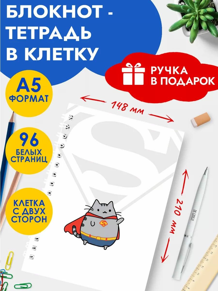 Блокнот / Тетрадь А5 в клетку 48+2 листов, с ручкой в наборе, для школы и офиса, взрослых и детей в подарок на Выпускной
