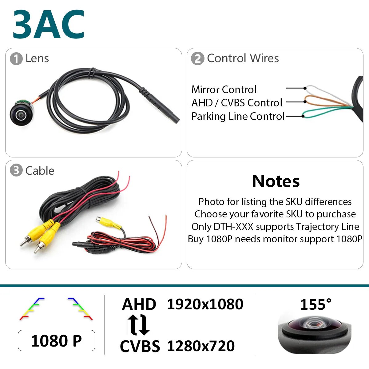 360 ° Регулируемая автомобильная камера заднего вида AHD1080P, 3AC, White