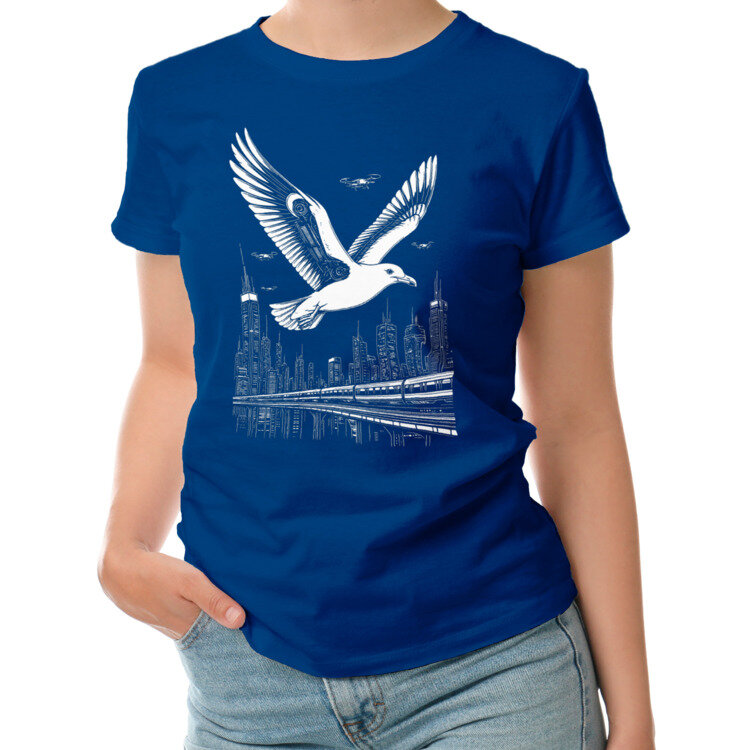 Женская футболка «Киберпанк-чайка над мегаполисом» (темно-синий, S)