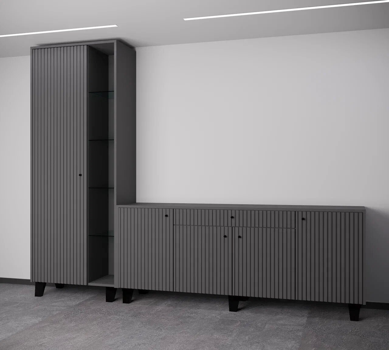 Гостиная стенка 2.83 метра. МДФ графит софт. Комплект шкаф + Комод