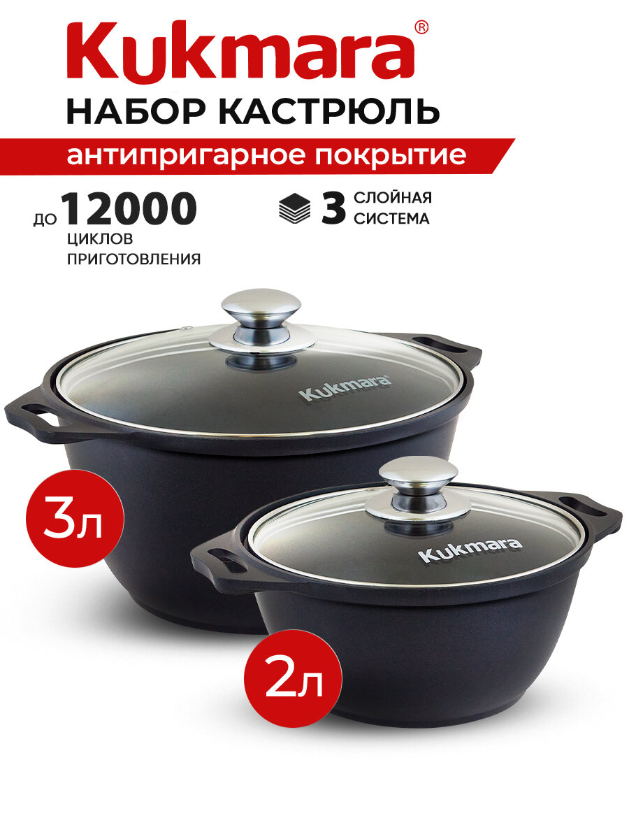 Набор кастрюль 2л 3л KUKMARA антипригарное покрытие со стеклянными крышками, традиция, черные