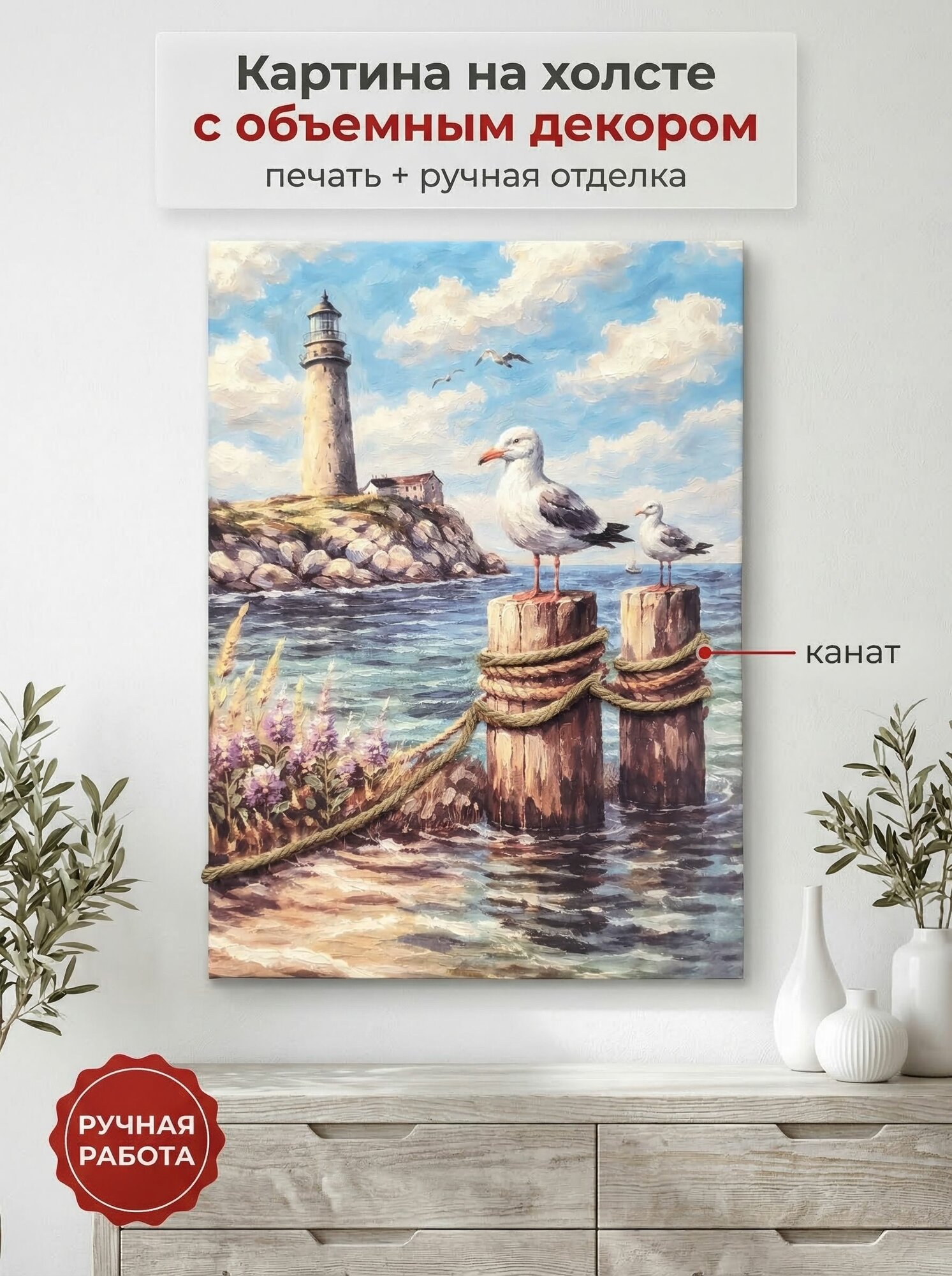 Авторская интерьерная картина на холсте с объёмным декором ручной работы "Маяк и чайки", синтетический холст, подрамник сосна, 50 70