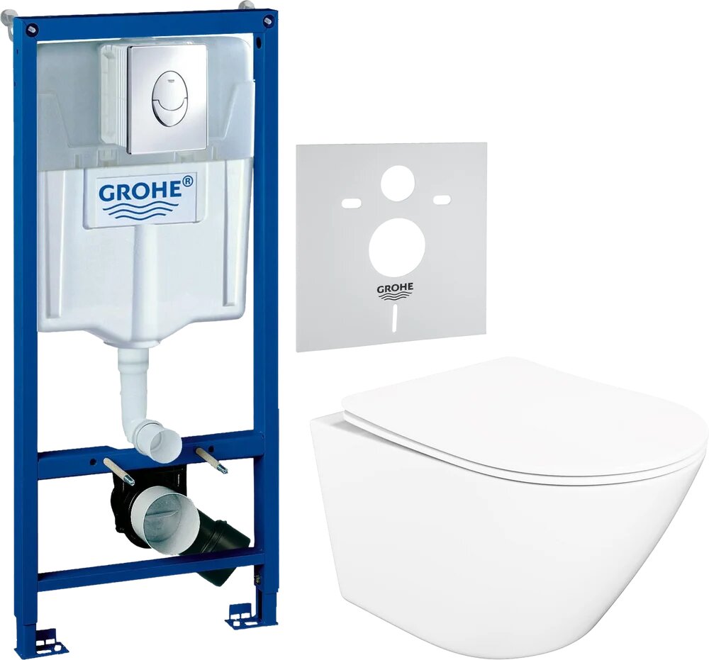 Комплект 5 в 1 Унитаз подвесной STWORKI Левангер S07401WH / Инсталляция с кнопкой Grohe Rapid SL 38721001 / Звукоизоляция 37131000, Крышка-сиденье