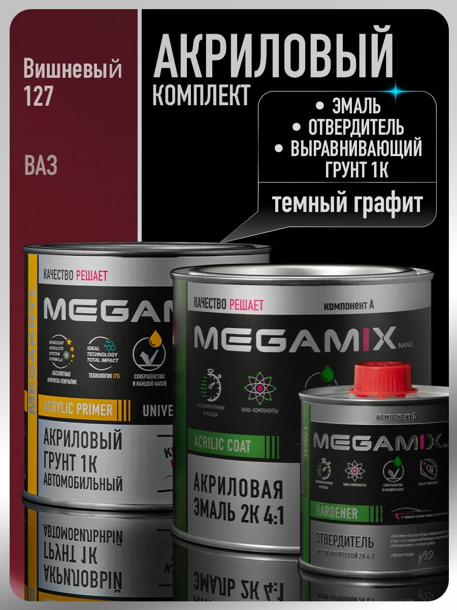 Комплект Акриловая краска автомобильная 2К , Вишнёвый 127, 840мл + Отвердитель 2K 210 мл + Грунт акриловый 1К , темный графит, 800 г