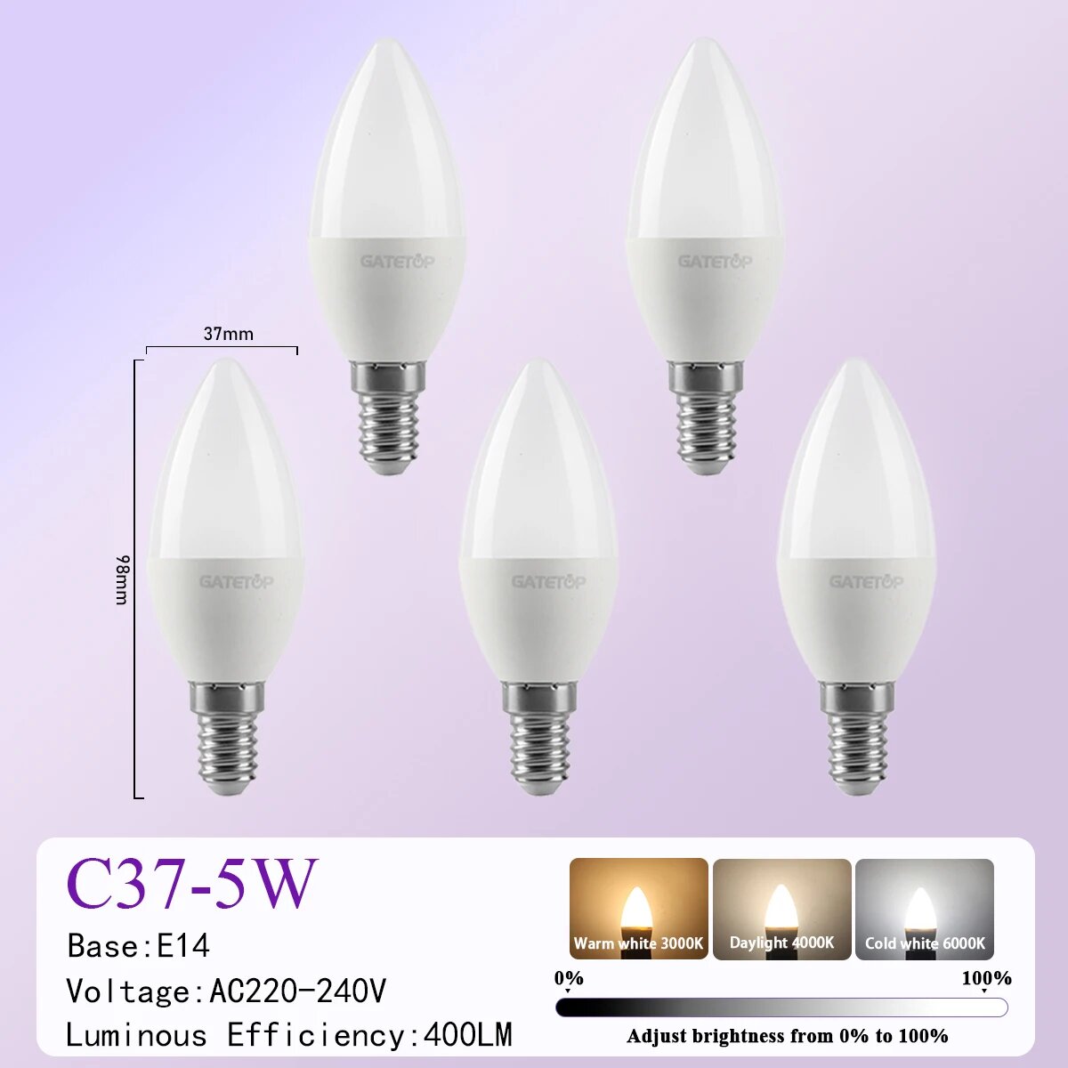 5 шт. LED лампа Gatetop C37 E14, 4000K, регулировка яркости