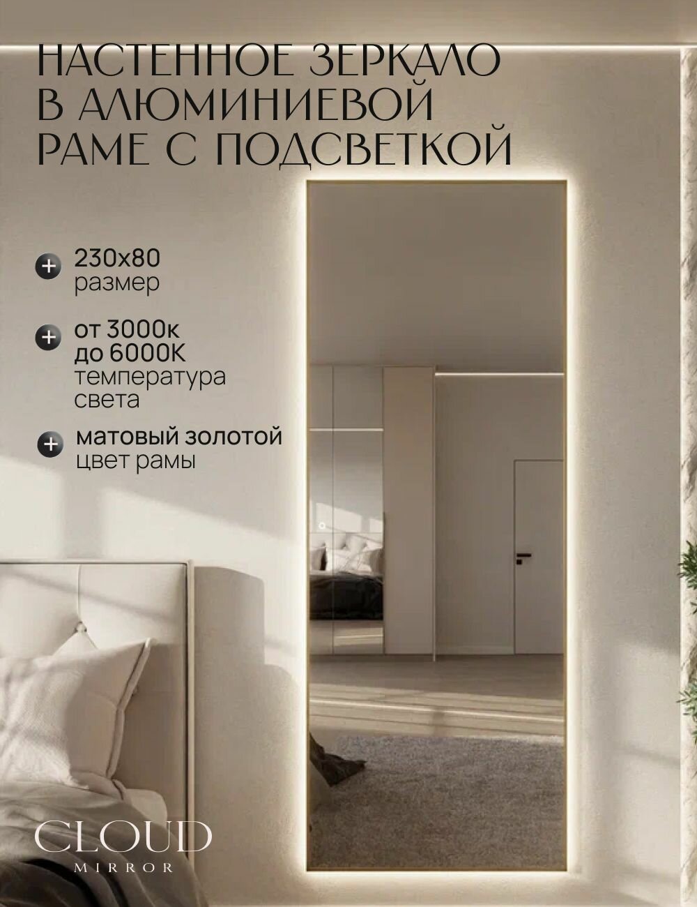 Зеркало 230х80 см. золото с подсветкой сенсорное в алюминиевой раме интерьерное настенное CLOUD MIRROR