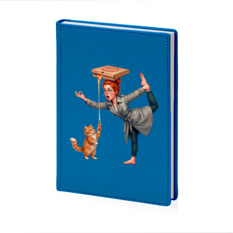 Ежедневник «Смешная девушка йога с пиццей и рыжим котом» (синий)