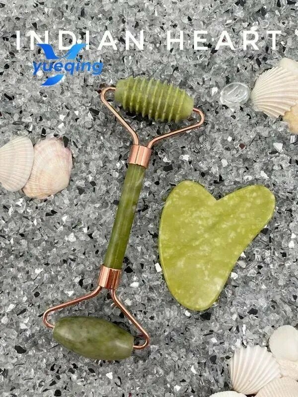 Нефритовый массажный набор гуаша : Мезороллер и скребок гуаша, Роллер и массажер для лица