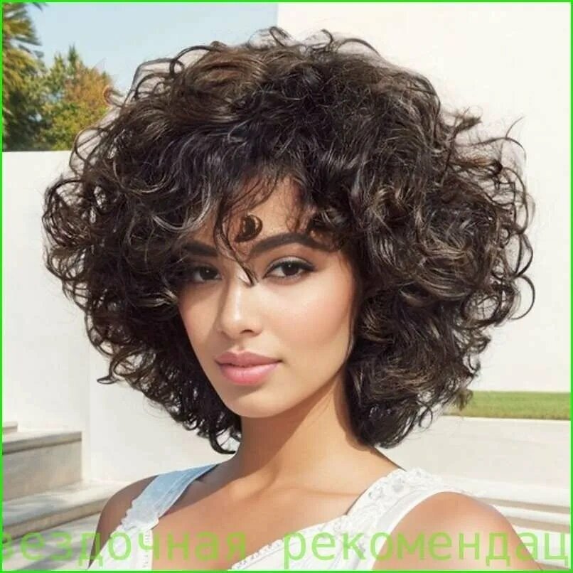 Парик из натуральных волос женский / Короткие коричневые кудрявые волосы