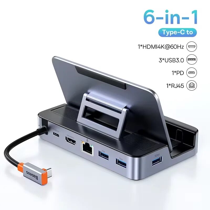 Док-станция Baseus USB C для Steam Deck и Nintendo Switch, Type-C на HDMI 4K@60Hz, RJ45, PD 100W, USB 3.0, 6-в-1, Type-C хаб