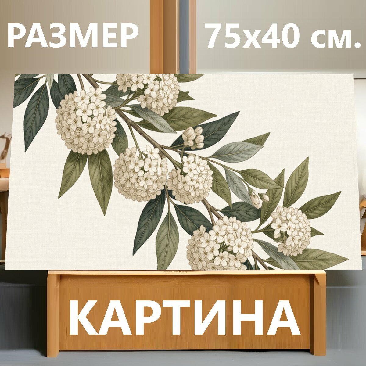 Картина на холсте "Цветущая ветвь с белыми соцветиями. Нежная ботаническая композиция с пышными кремовыми шапками цветов и зелёной листвой на." на подрамнике 75х40 см. для интерьера