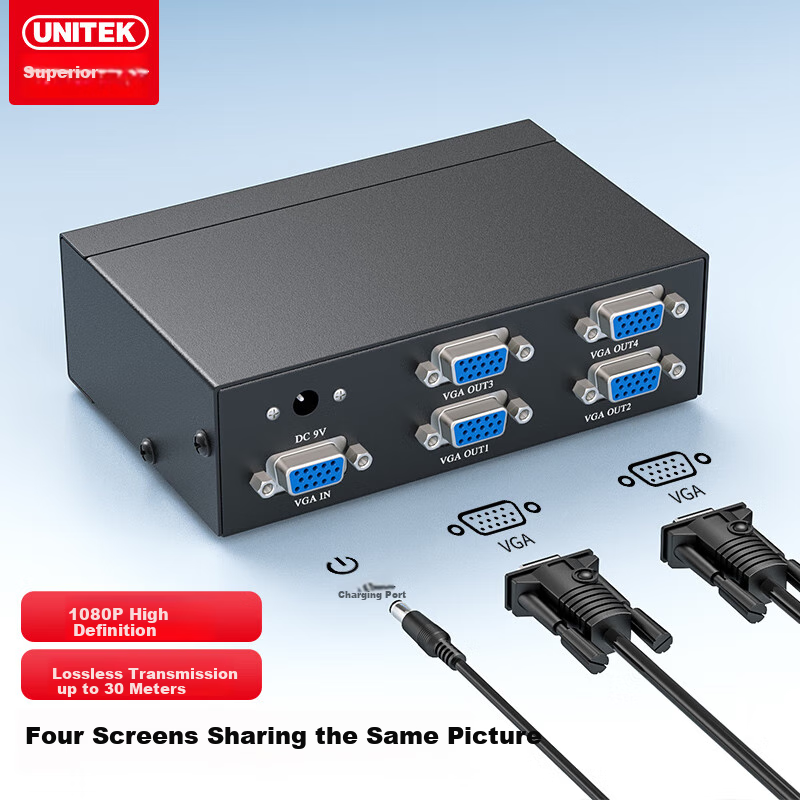UNITEK VGA 1-в-4 разделитель с 9В питанием для HD видео расширения U-8707 Модель：VGA разделитель [1 вход 4 выхода] с 9В