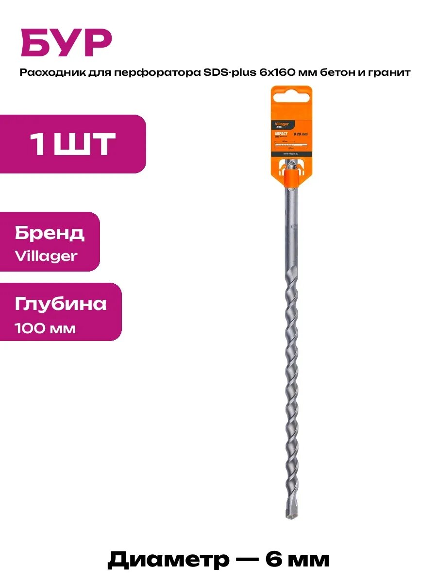 Бур для сверления бетона SDS-plus 6х160 мм рабочая часть 100