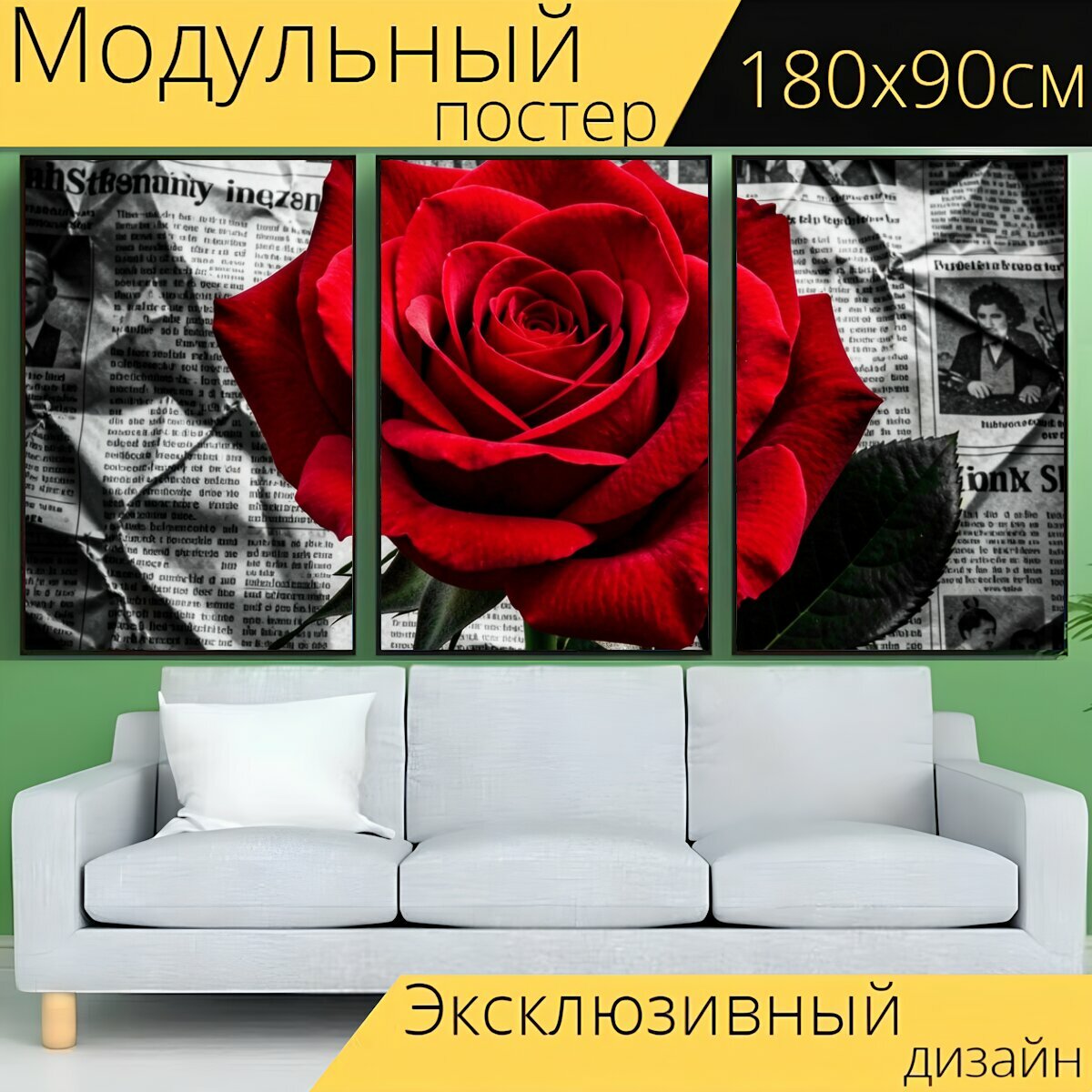 Модульный постер "Красная роза с насыщенными лепестками на фоне черно-белых смятых газет" 180 x 90 см. для интерьера на стену в тубусе