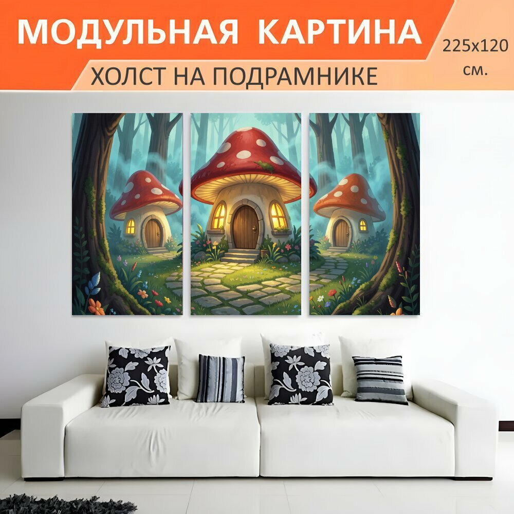 Модульная картина на холсте "Сказочные домики в лесу. Волшебная лесная поляна с грибными жилищами, светящимися окнами и тропинками у." триптих на подрамнике 225х120 см. для интерьера