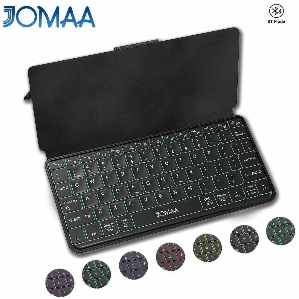 Клавиатура JOMAA RGB подсветкой Bluetooth iPad телефона, мини-клавиатура с подставкой под любым углом кожаным чехлом для Android, Windows и