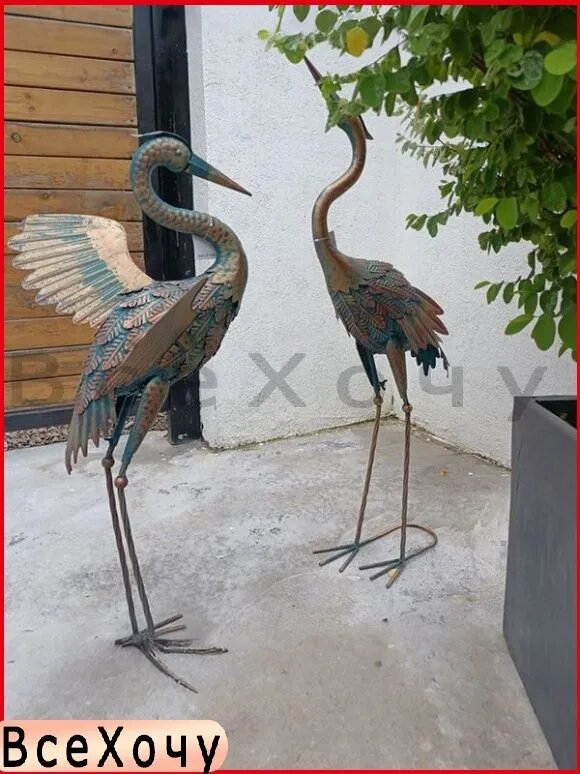 Фигурка садовая Журавль, 2 шт, Медь, Высота 94 см и 83 см — фото 1