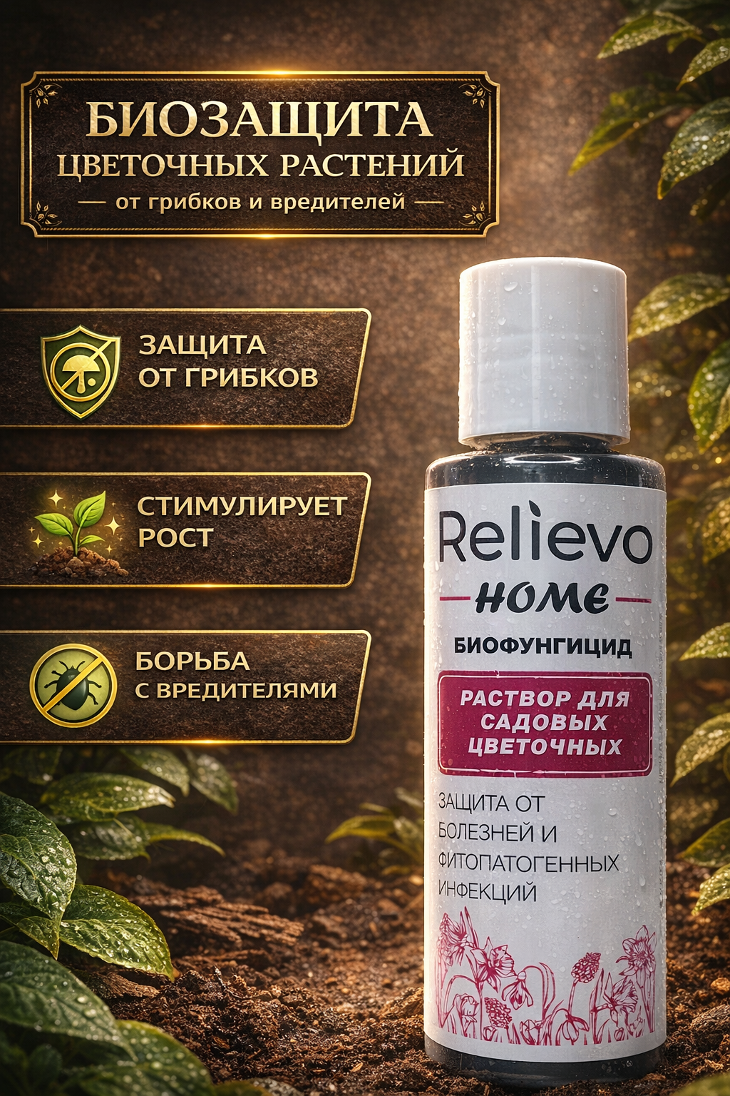 Биофунгицид Релиево "Relievo Home" для защиты садовых цветочных растений