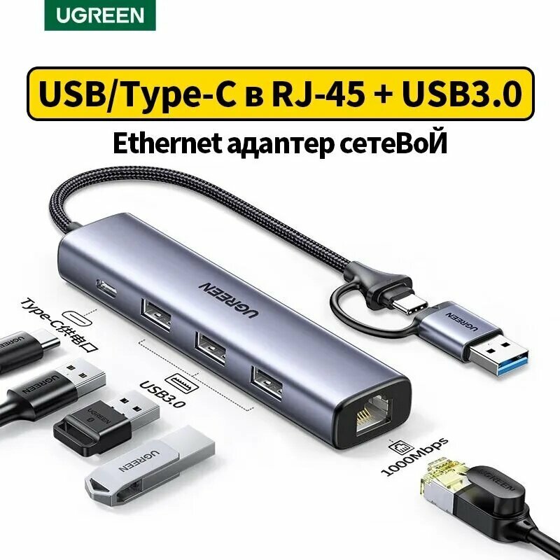 Ugreen Typec USB Hub Lan Adapter/ Сетевая карта Typec USB / Ethernet адаптер сетевой/ RJ-45 переходник LAN Интернет 1000 Мбит/с