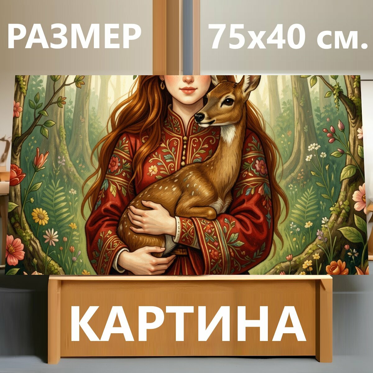 Картина на холсте "Девушка с оленёнком в лесу. Сказочная славянская красавица в красном вышитом наряде с цветочным венком бережно держит." на подрамнике 75х40 см. для интерьера