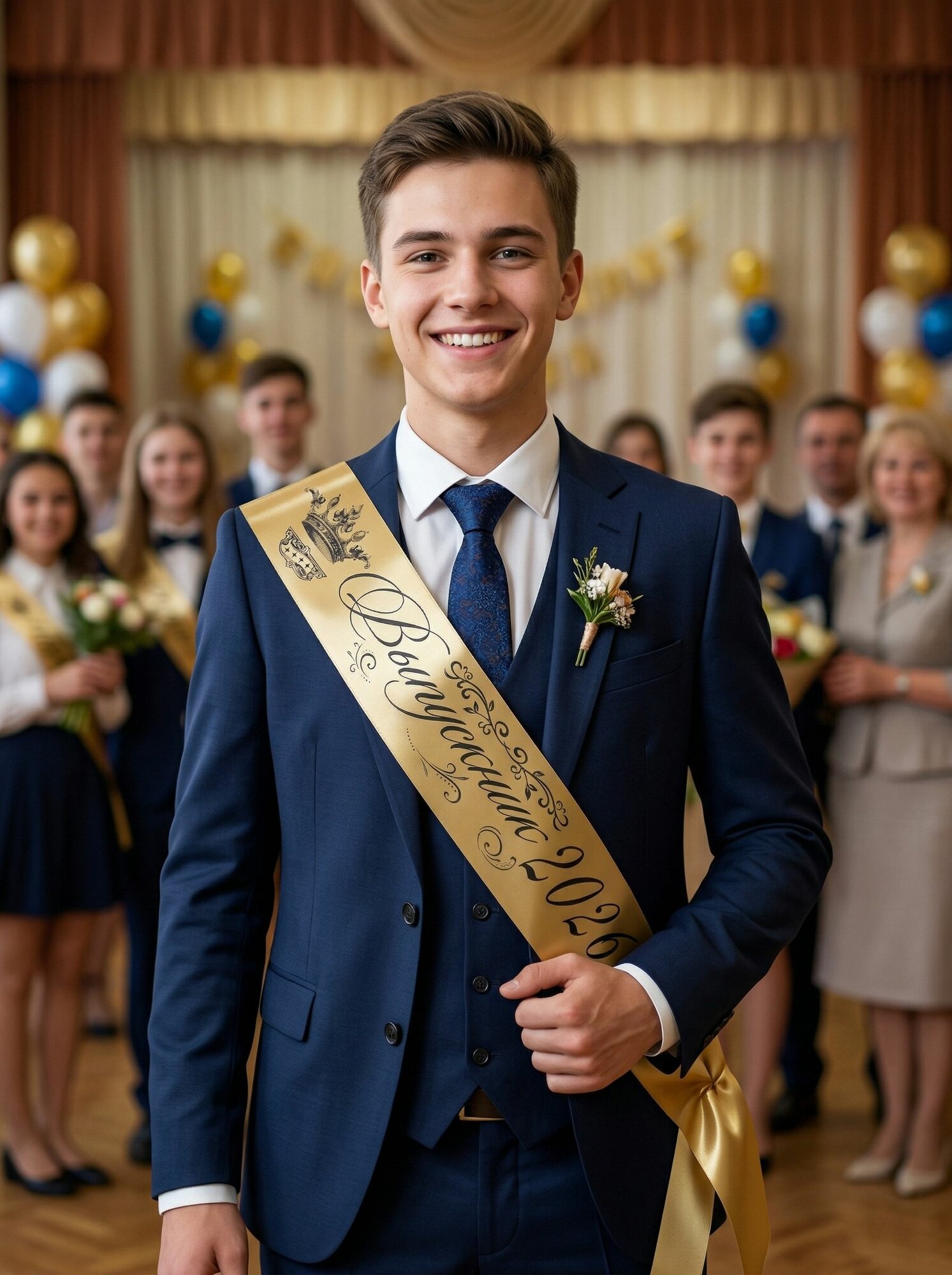 Лента Выпускник 2026 сатин премиум, цвет ленты темно-бежевый, цвет надписи черный, 1 шт