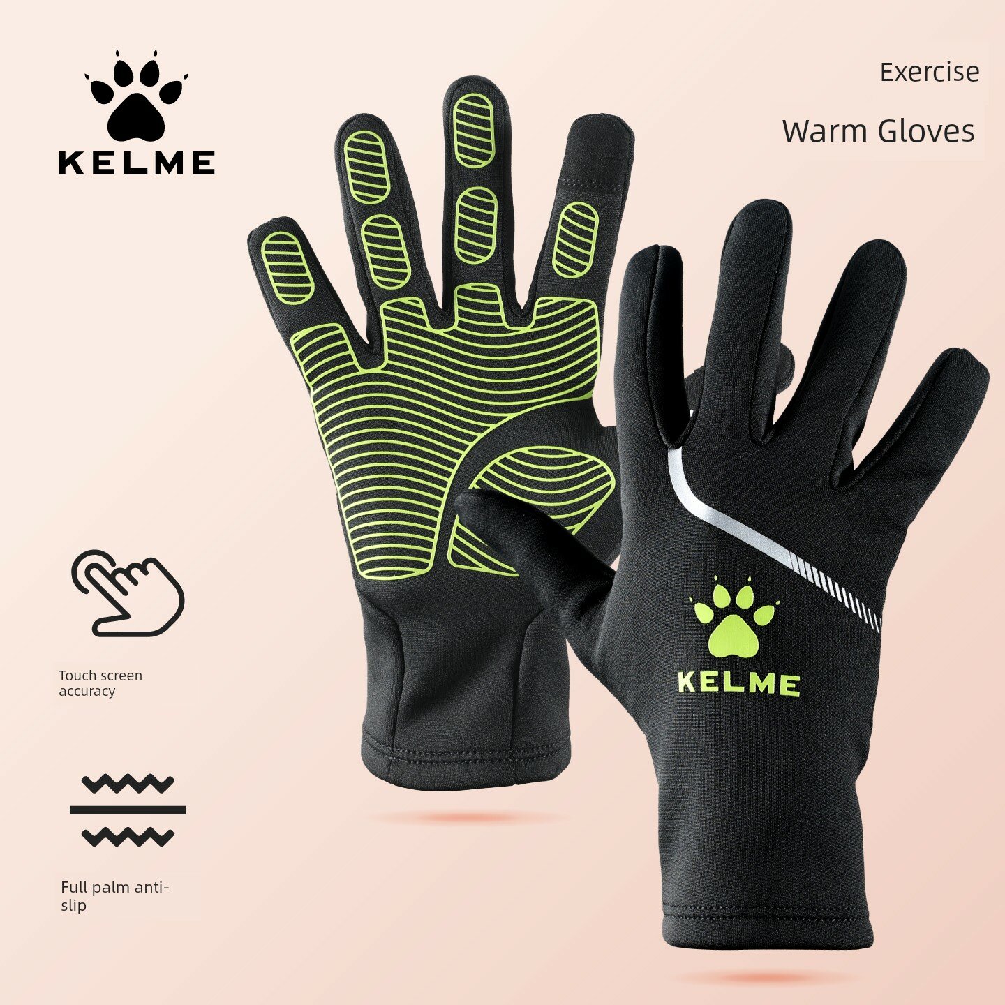 KELME Зимние Теплые Сенсорные Перчатки для Бега на Открытом Воздухе, Анти-Скользящие, Черный Неоново-Зеленый, Одна