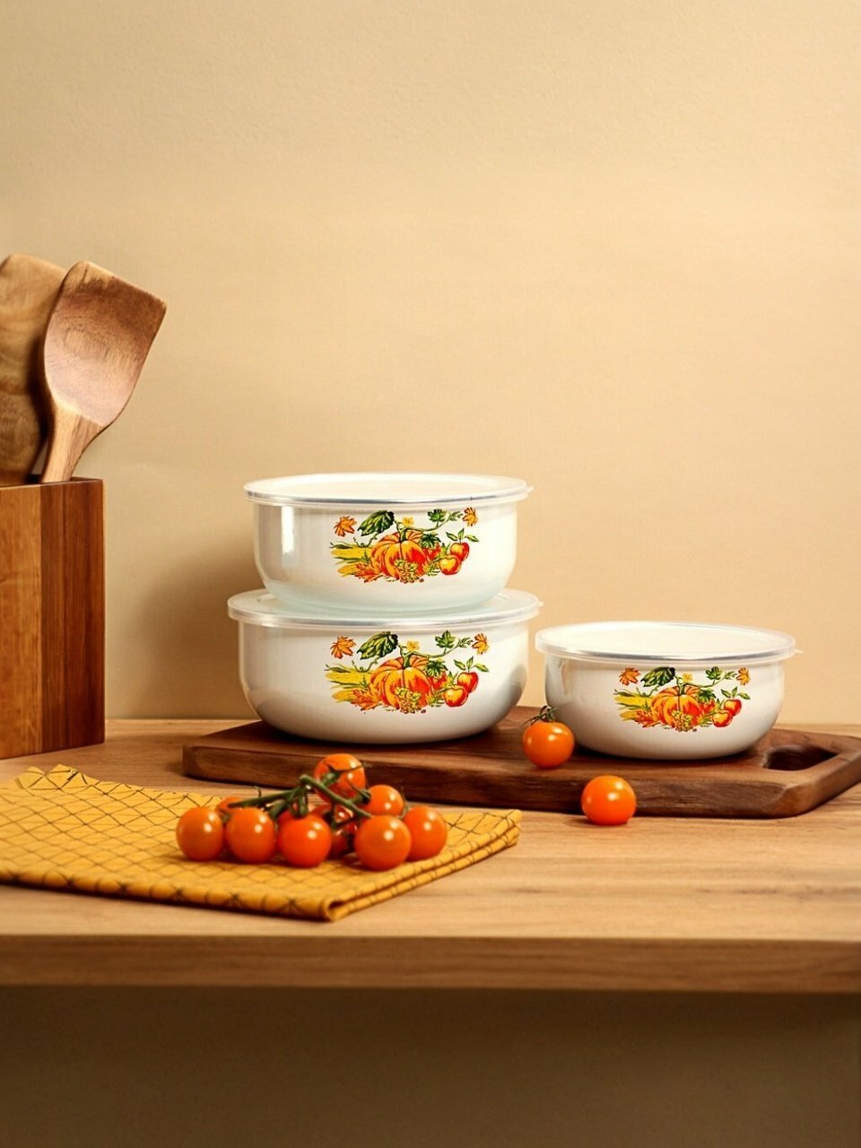 Набор салатников эмалированная сталь, круглый, 3 шт, 14, 16, 18 см, с крышкой, 6 предметов, Тыквенный латте, 894-532