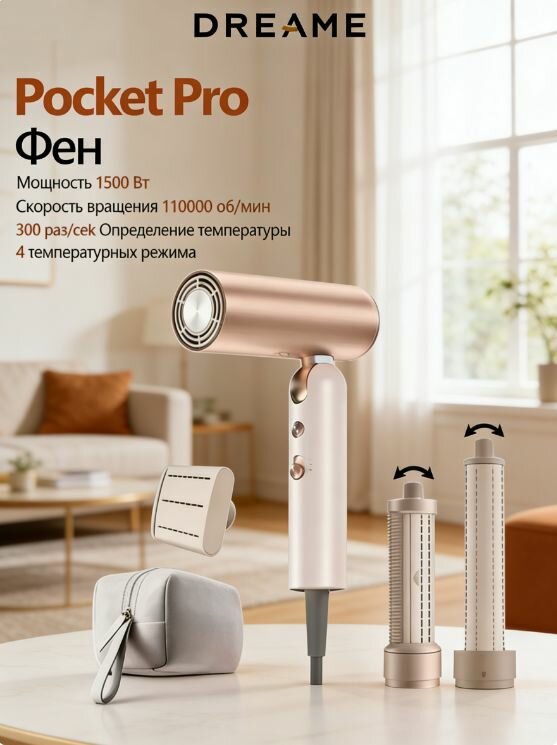 Dreame Фен для волос 019d4ccf39e3712b8ced9f2bfdceb8b7 1500 Вт, скоростей 110000, кол-во насадок 3, светло-розовый
