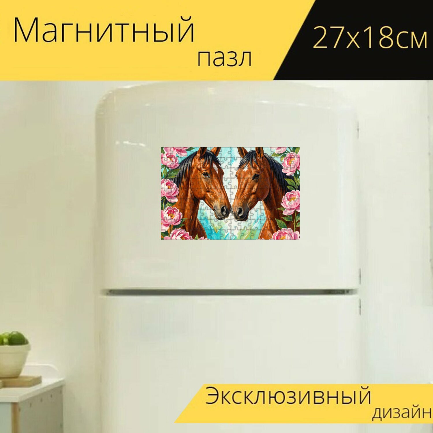 Магнитный пазл "Две лошади среди пионов. Парные лошадиные морды в окружении крупных розовых цветов и зеленой листвы, яркая живописная манера, бирюзовый." на холодильник 27 x 18 см.