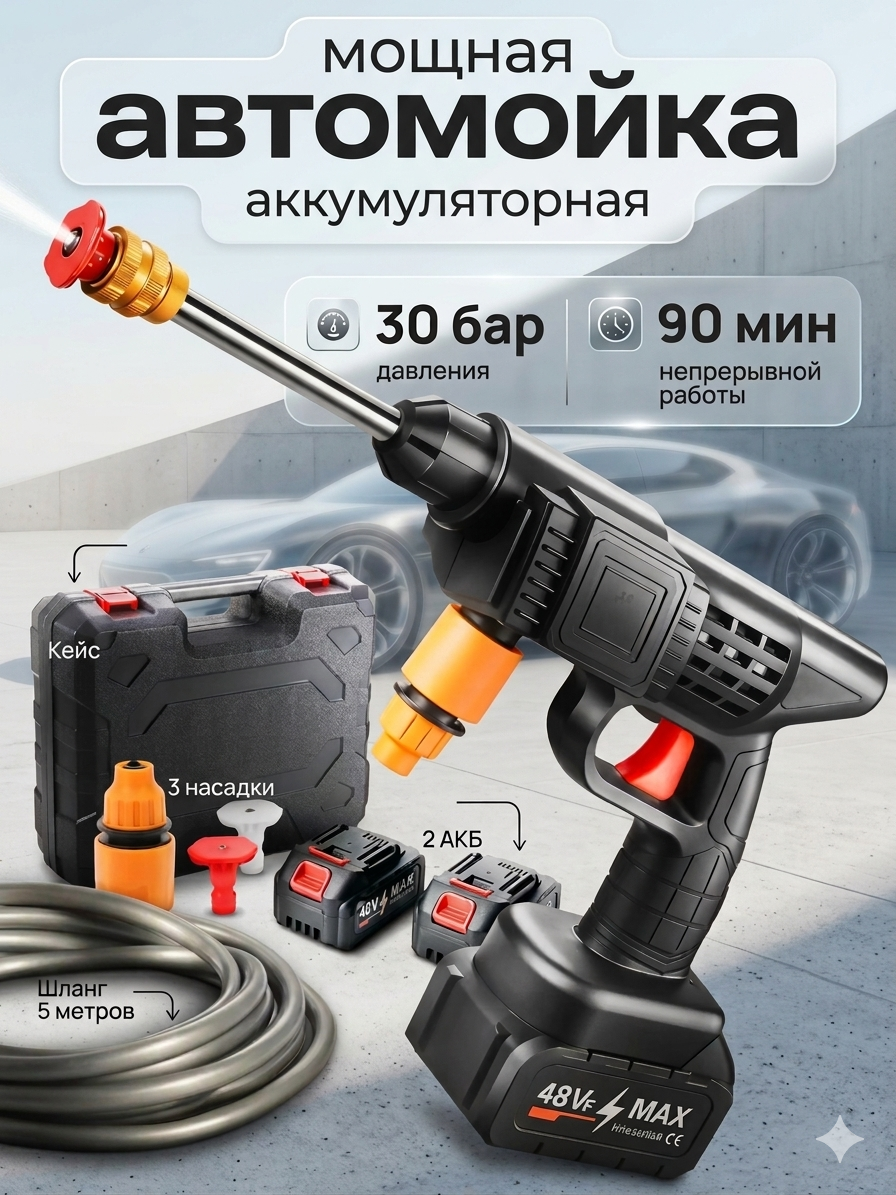 Аккумуляторная мойка высокого давления для авто, минимойка с пистолетом и пенообразователем, 2 аккумулятора