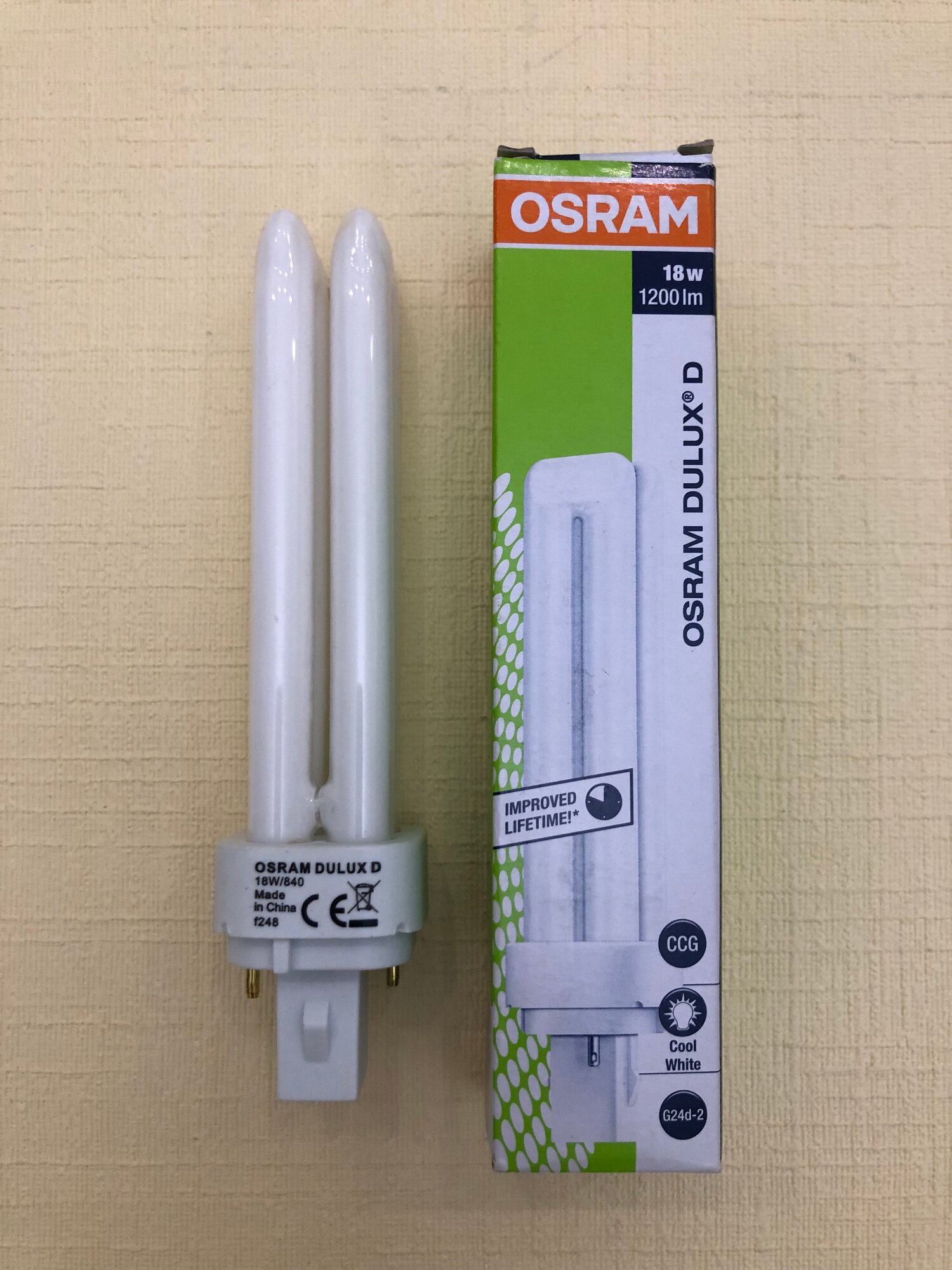 Лампа OSRAM DULUX D 18W/840, G24d-2, нейтральный белый, 4000К, люминесцентная