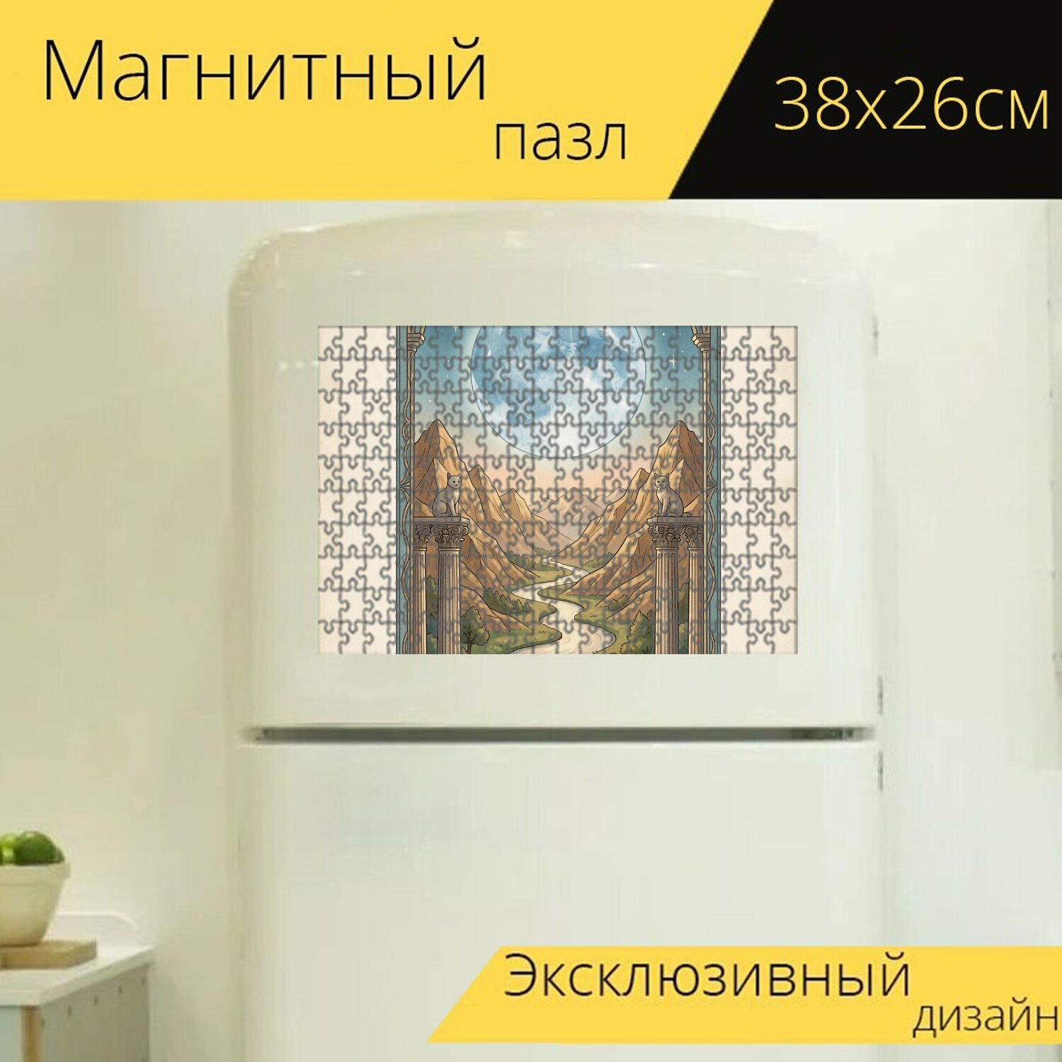 Магнитный пазл "Лунная долина с кошками. Фэнтезийный ночной пейзаж: огромная полная луна над горным ущельем, извилистая река, античные колонны и две кошки." для интерьера, 38х26 см.