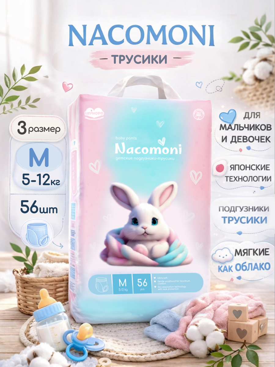 Подгузники трусики Накомони, M, 5-12кг, 56шт, с индикатором наполнения