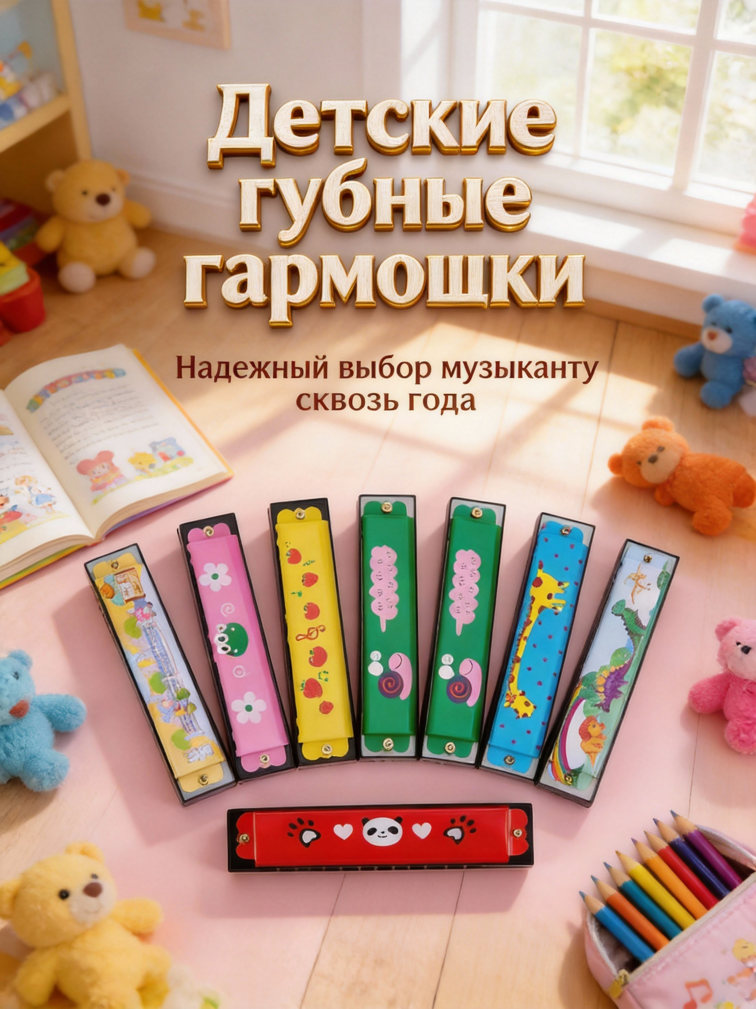 Детская губная гармошка, 16-отверстный музыкальный инструмент с ярким картонным дизайном в форме мультяшных героев для развития слуха и координации