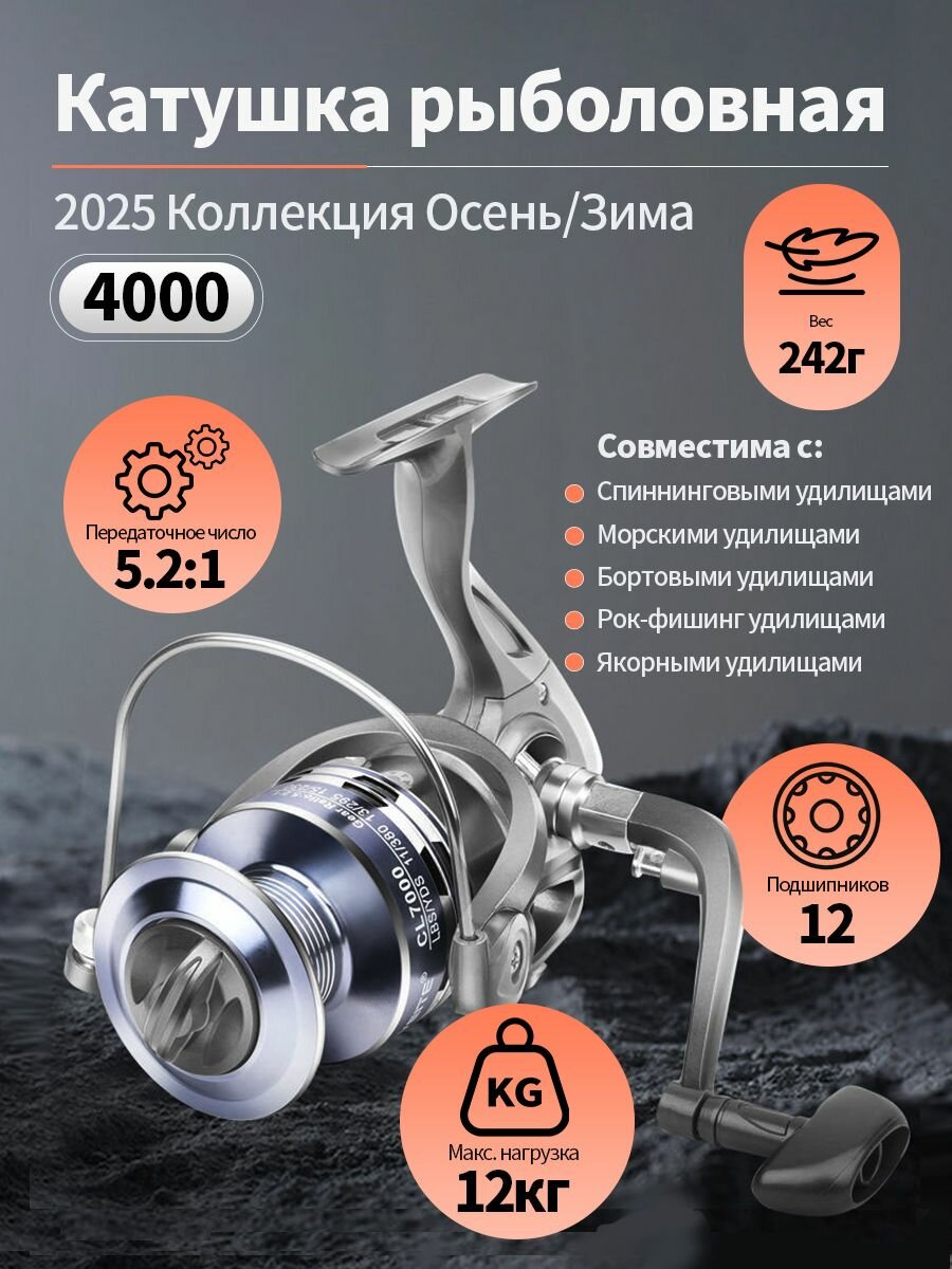 Катушка для спиннинга 4000, катушка рыболовная фидерная, карповая, для фидера