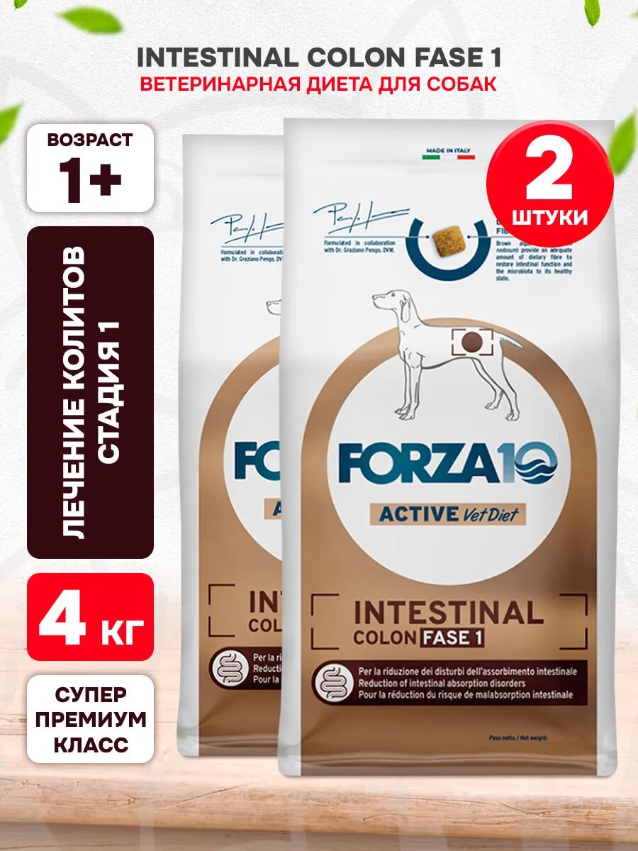 Корм сухой Forza10 Dog Active Vet Diet Intestinal Colon Fase 1 для взрослых собак для лечения колитов, 4 кг х 2 шт