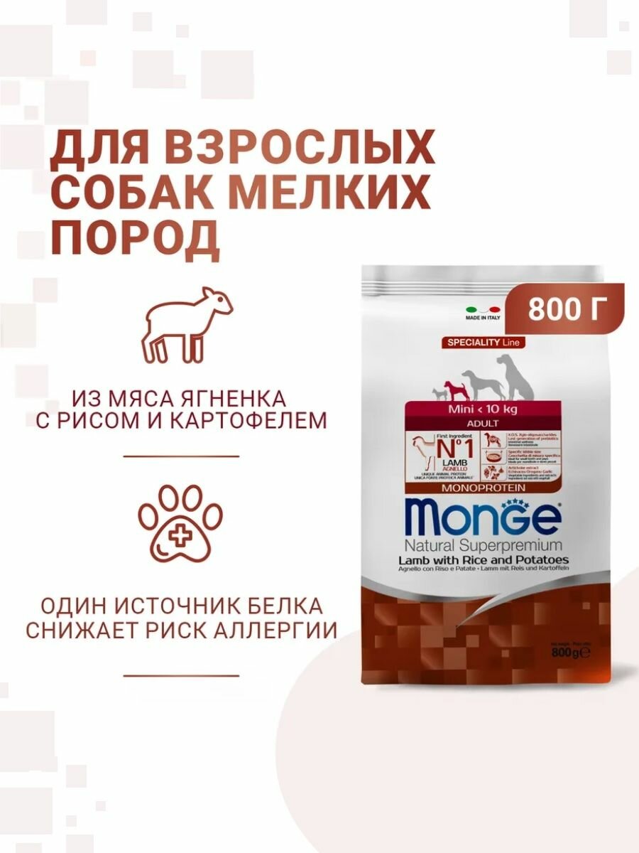 MONGE Dog Mini Сухой корм для взрослых собак мелких пород Ягненок с рисом и картофелем - 800 г