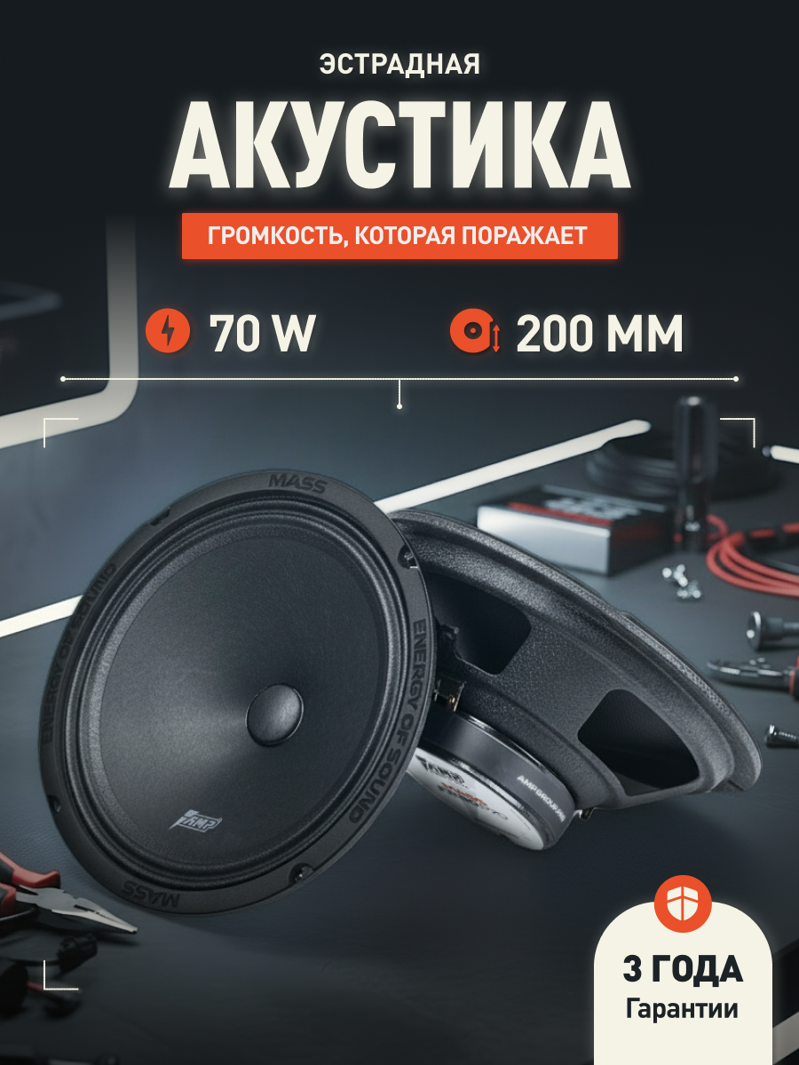 Динамики эстрадные AMP MASS FR80P70 автомобильная, 70/140 Вт, 8"