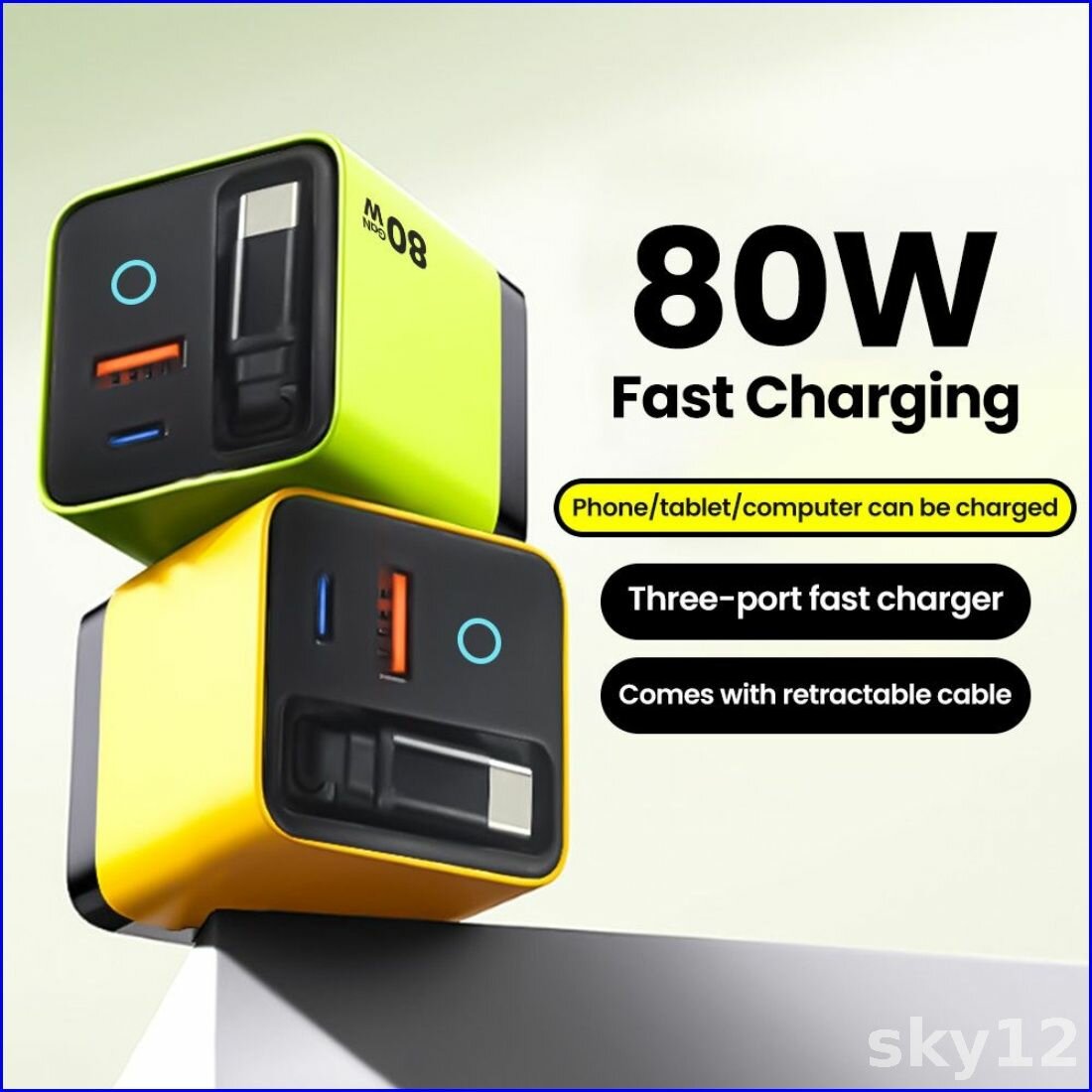 Зарядное устройство 80W GaN с Type-C и складывающимся кабелем