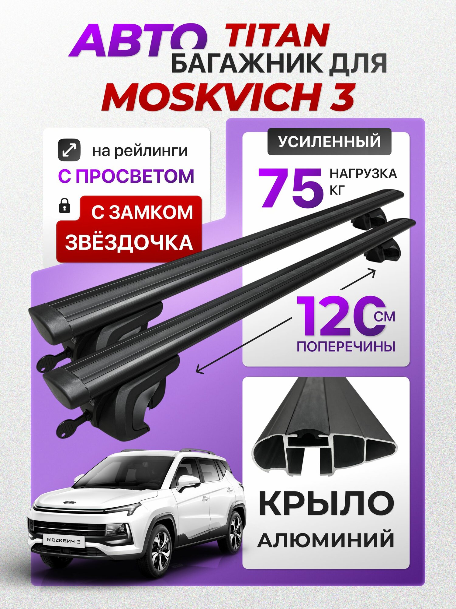 Багажник для Moskvich 3 (Москвич-3), Titan-120 крыло Black, на рейлинги с просветом, (поперечины и упоры)
