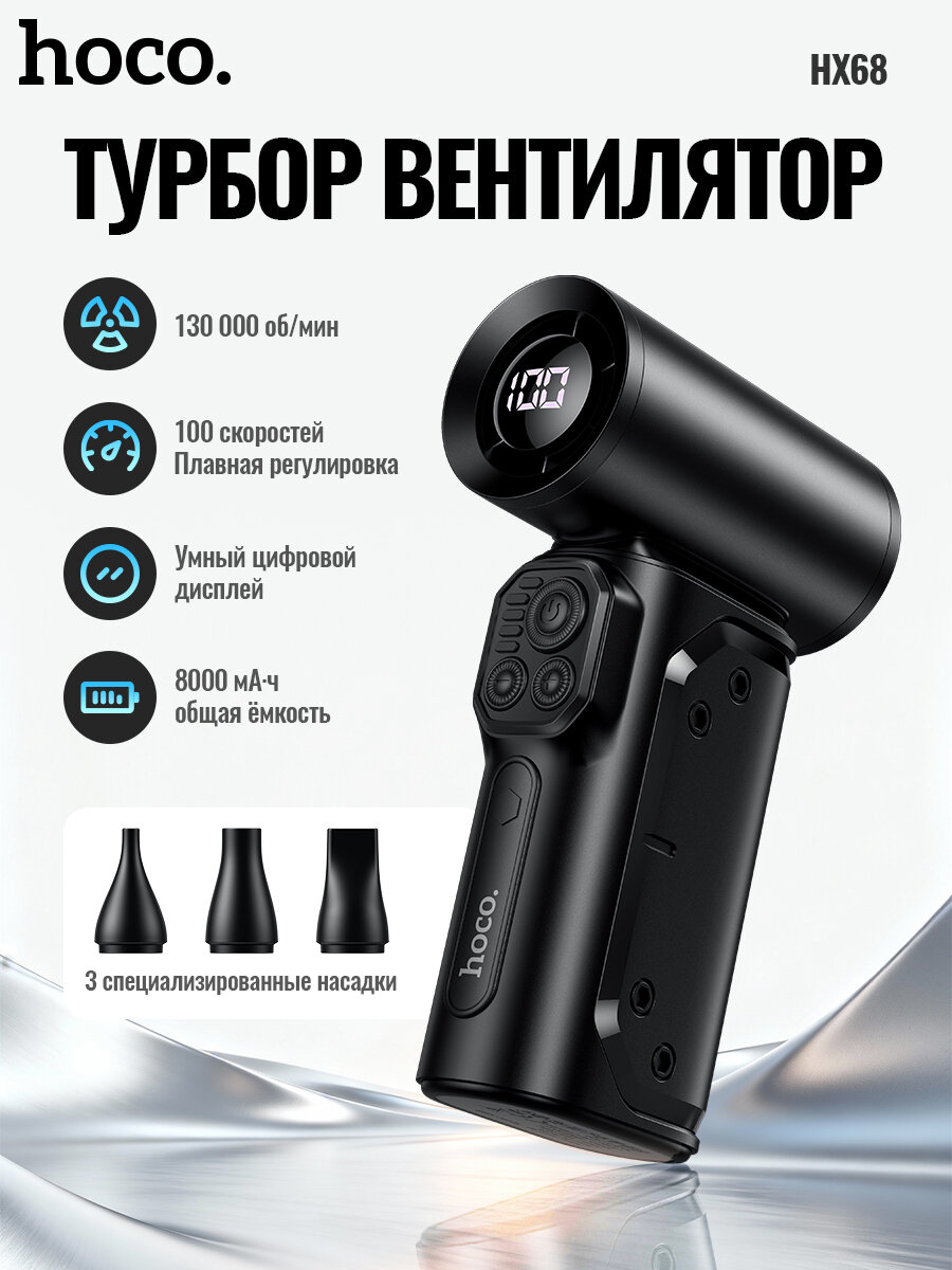 HX68 Портативный турбовентилятор с высокой скоростью 130000 об/мин, аккумуляторный, 4000mAh, с насадками