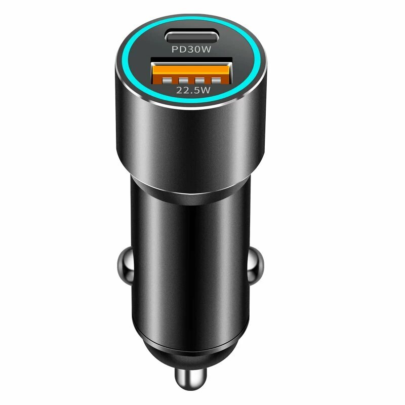 Алюминиевый автомобильный адаптер с USB-C портом, черный, двухпортовая быстрая зарядка для iPhone 16, адаптер