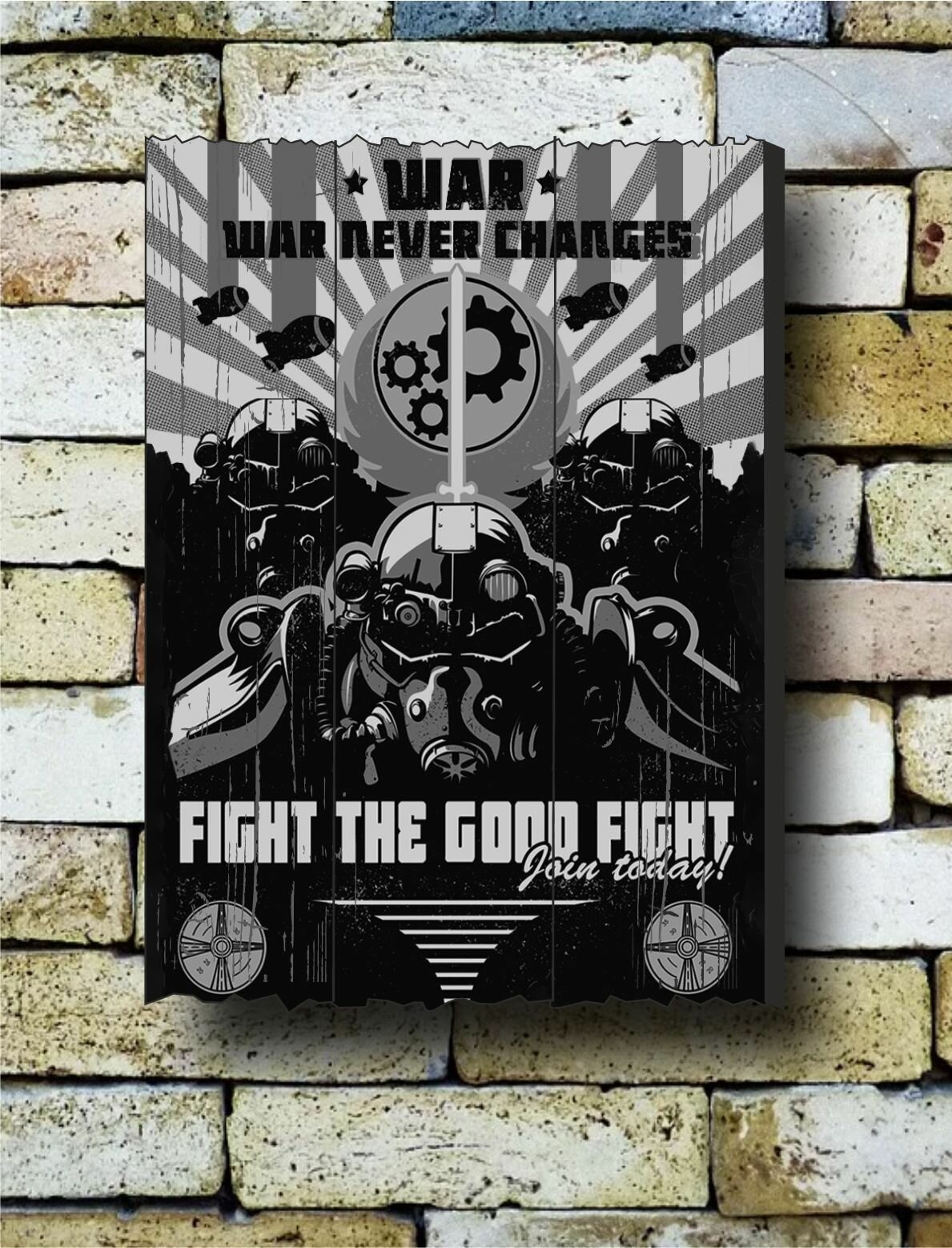 Картина на досках Fallout. Пост-апокалипсис. War never changes. Братство стали. T-45.